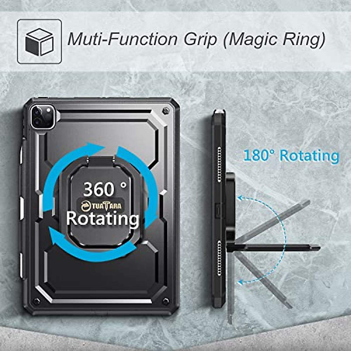 Fintie Case for iPad Pro 11 4th / 3rd Generation 2022/2021, iPad Pro 11 2nd/1st - [Tuatara Magic Ring] 360 Degree Rotating Shockproof Rugged Cover w/Screen Protector, Pencil Holder, Black