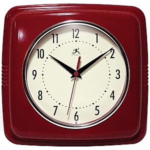 Infinity Instruments Square Silent Retro 9 inch Mid Century Modern Kitchen Diner Retro Wall Clock Quartz Sweep Movement (Red)