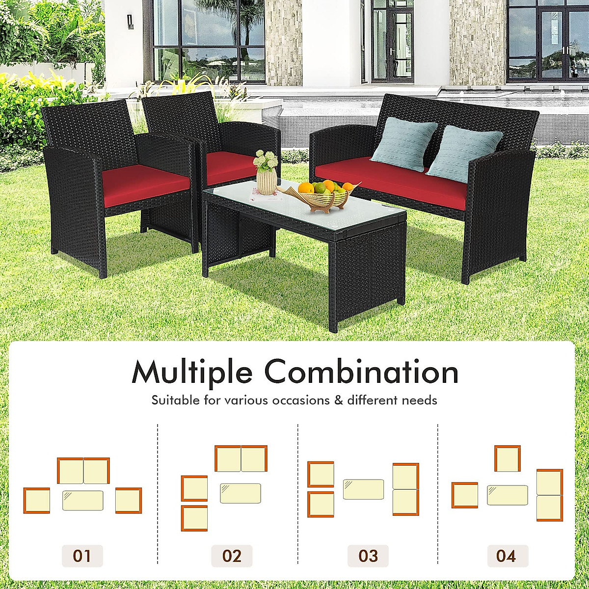 Goplus Rattan Patio Furniture Set 4 Pieces, Outdoor Wicker Conversation Sofa and Table Set with Soft Cushions & Tempered Glass Coffee Table for Balcony Garden Backyard (Red)