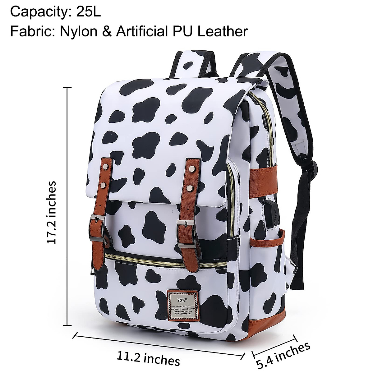 YGR Vintage Laptop Backpack, Slim College School Laptop Backpacks with USB Charging Port, Water Resistant Book Bag Gifts for Women/Girls/Travel/Office, Fits 15.6 Inch Notebook, Cow Pattern