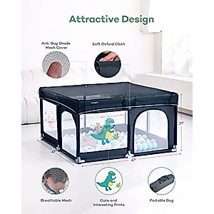 Baby Playpen Play Yard Sturdy, Insugar Playpen for Babies and Toddlers, Portable Small Baby Fence, Safe Play Area with Gate, Breathable Mesh, Dinosaur Printed, BPA-Free, Non-Toxic, Black, 47"x47"x27"