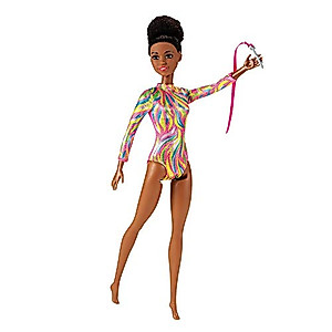 Barbie Rhythmic Gymnast Brunette Doll (12-in) with Colorful Metallic Leotard, 2 Clubs & Ribbon Accessory, Great Gift for Ages 3 Years Old & Up