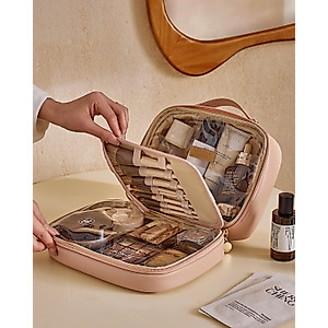 EACHY Travel Makeup Bag, Waterproof Cosmetic Bags for Women, Large Capacity PU Leather Make Up Organizer with Portable and Stylish (Pink)