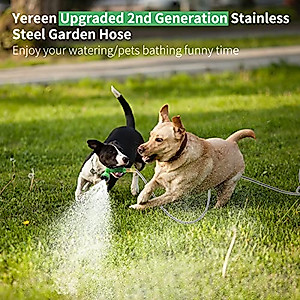 Yereen Metal Garden Hose 25FT, 304 Stainless Steel Garden Hose with 3/4" Solid Brass Fittings and 2 Function Nozzle, Kink Free Flexible Outdoor Water Hose