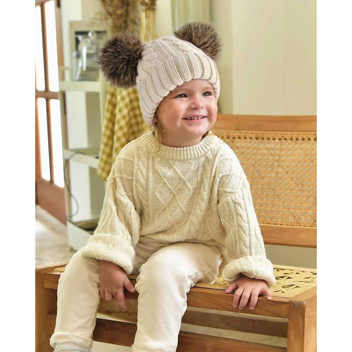 FURTALK Toddler Girls Boys Winter Hat Kids Pom Pom Beanie Hats Baby Faux Fur Pom Beanies Warm Soft Toddler Hats Pink