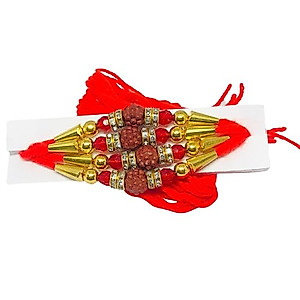 KHANDEKAR Rakhi for Brother | Rakhi Set of 4 for Brother |Rudraksh with Golden Rings and Pink Beads Rakhi
