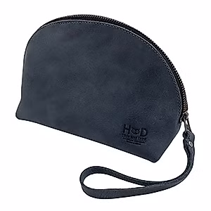 Hide & Drink, Cosmetic Travel Organizer with Hand Strap for Women, Makeup Bag, Classic Handbag, Full Grain Leather, Handmade, Slate Blue