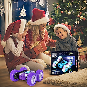 28℃ Remote Control Car for Boys, Drift High Speed RC Cars, 4WD 2.4Ghz Rechargeable RC Truck with Double Sided 360 Flips and Headlights Wheel Lights, Off-Road Stunt Toy Car for Kids Boy Girls (Purple)