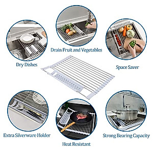 COSYSILK Over The Sink Roll Up Dish Drying Rack Dish Drainer for Kitchen Sink, Foldable Stanless Steel Roll Up Sink Dish Drying Rack with Utensil Holder for Sliverware Size 17.0" x 13.0" (Gray)