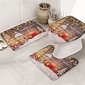 YRIGSUN 5 Pcs Wood Light Snow Christmas Tree Decor Merry Christmas Shower Curtain Sets with Rugs and Towels, Toilet Lid Cover, Bath Mat Festive Colorful Xmas Elements Bathroom Set
