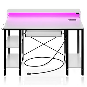 Rolanstar Computer Desk 55 inch with LED Lights & Power Outlets, Gaming Desk with Storage Shelves, Home Office Desk with Keyboard Tray, Writing Desk with Monitor Stand, Study Desk, White