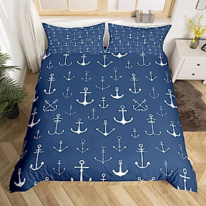 Anchor Bedding Set,Navy and White Duvet Cover for Kids Teen Boys Girls,Nautical Theme Comforter Cover Decorative Room,Anchor Printed Quilt Cover with 2 Pillowcases,King Size