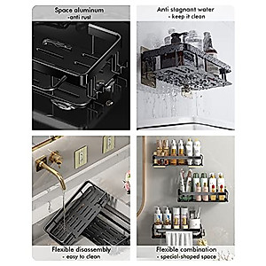 Fegat Shower Caddy, Enhanced Self Adhesive shower Organizer, No Drilling Bathroom Shower Shelf With Towel Rack and 2 Hooks, Space Aluminum With Anticorrosion Process, Black