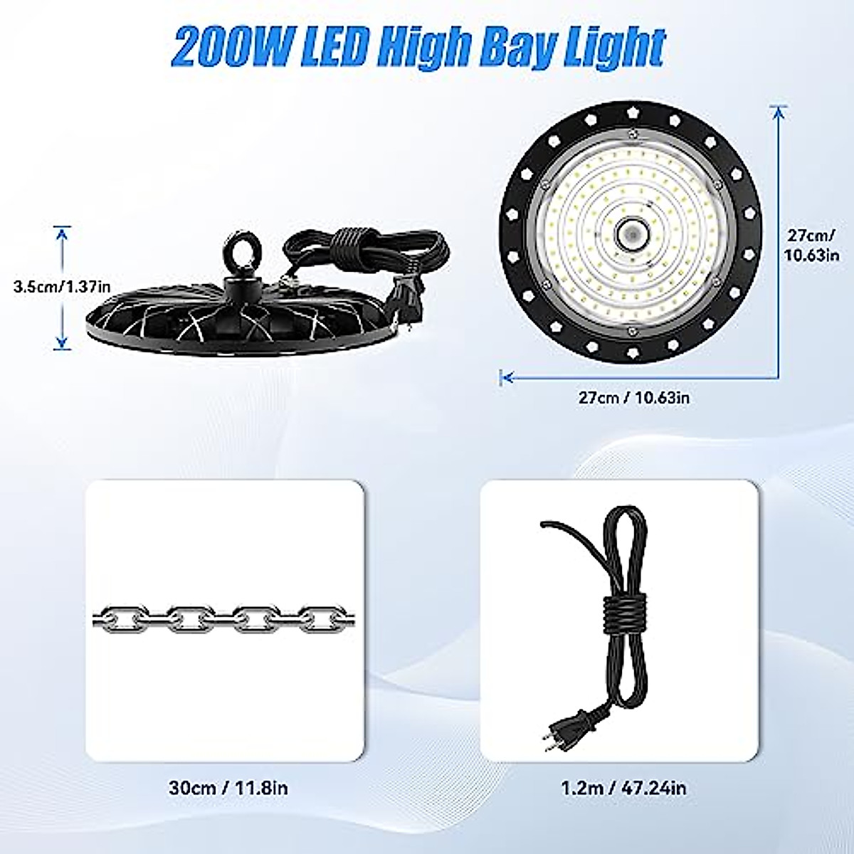 10 Pack 200W UFO LED High Bay Light, 20000LM LED High Bay Light Fixture with 110V US Plug, 6500K Daylight White Commercial Warehouse Area Light for Wet Location Area, Workshop, Warehouse, Garage