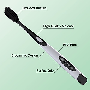 Dental Expert Charcoal Toothbrush [Gentle Soft] Slim Teeth Head Whitening Brush for Adults & Children [Family Pack] - Ultra Soft Medium Tip Bristles (Black)
