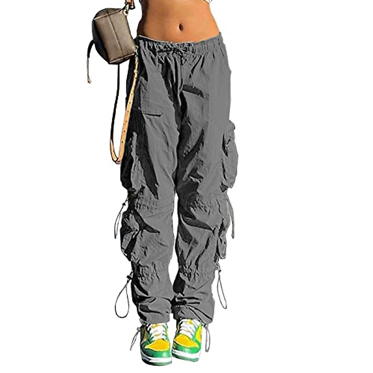QYANGG Baggy Parachute Pants for Women& Girls Drawstring Elastic Low Waist Ruched Cargo Pants Multiple Pockets Jogger Y2K Grey