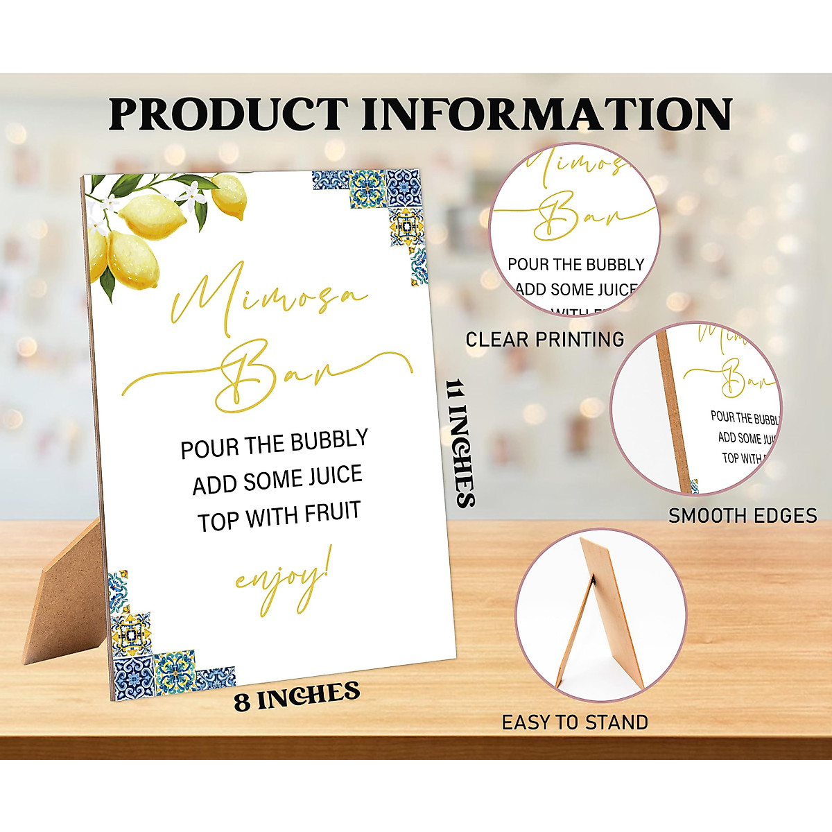 Blue Tiles and Lemons Bridal Shower Mimosa Bar Sign, Table Decor Bridal Shower Sign, Pack of 1 Wooden Tabletop Sign with Stand, Bridal Shower Decorations, Wedding Shower Supplies - XG07AB