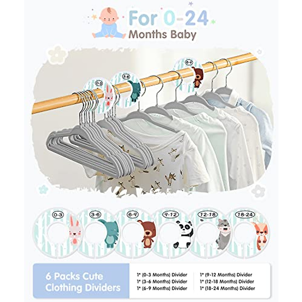 Kids Velvet Hangers, VIS'V 11 Inch Gray Non-Slip Baby Clothes Hangers with 6 Pcs Cute Clothing Dividers for Infant Toddler Boys & Girls Closet Organizer - 30 Pack