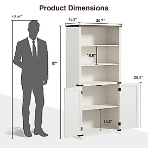 Farmhouse Bookshelves and Bookcases with Doors, Antique White Tall Bookshelf with Storage Cabinet, Kitchen Pantry Bathroom Organizer, 5-Tier Country Rustic Display Rack for Living Room, Home, Office