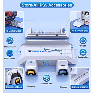 PS5 Stand with Cooling Station&Dual Controller Charger for Playstation 5 PS5 Console, CYKOARMOR PS5 Accessories with 5V/3A Adapter, PS5 Base with Cooler Fan, Charging Dock and Game Holder White