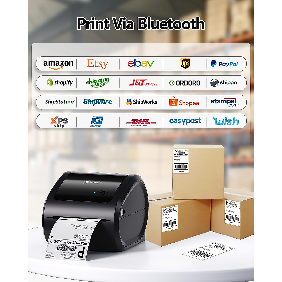 Phomemo Bluetooth Thermal Label Printer 4X6 - D520BT Wireless Shipping Label Printer Build-in Holder, Thermal Label Maker for Return Shipping Package, Compatible with Amazon, USPS, Shopify, Ebay