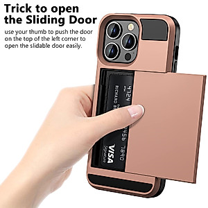 Vofolen for iPhone 14 Pro Max Case Wallet Credit Card Holder ID Slot Sliding Door Hidden Pocket Women Anti-Scratch Dual Layer Hybrid Bumper Armor Protective Shell Cover 6.7 inch Rose Gold