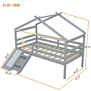 XD Designs Twin Size Low Loft Bed with Slide and Ladder for Kids Boys Girls, Solid Wood Loft Bed Frame with Safety Guardrails and Roof, Sturdy Slat Support, Playhouse Design (Grey-Roof)