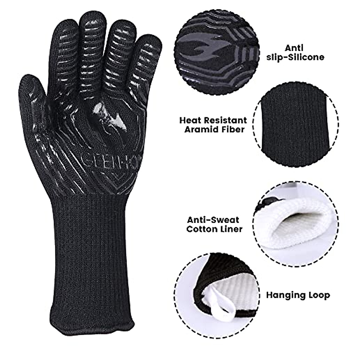 GEEKHOM BBQ Gloves,1472℉ Heat Resistant Grill Gloves, EN407 Certified 13 Inch Grilling Gloves for Smoker, Baking, Cooking, Fire Pit (Black-Flames Texture)