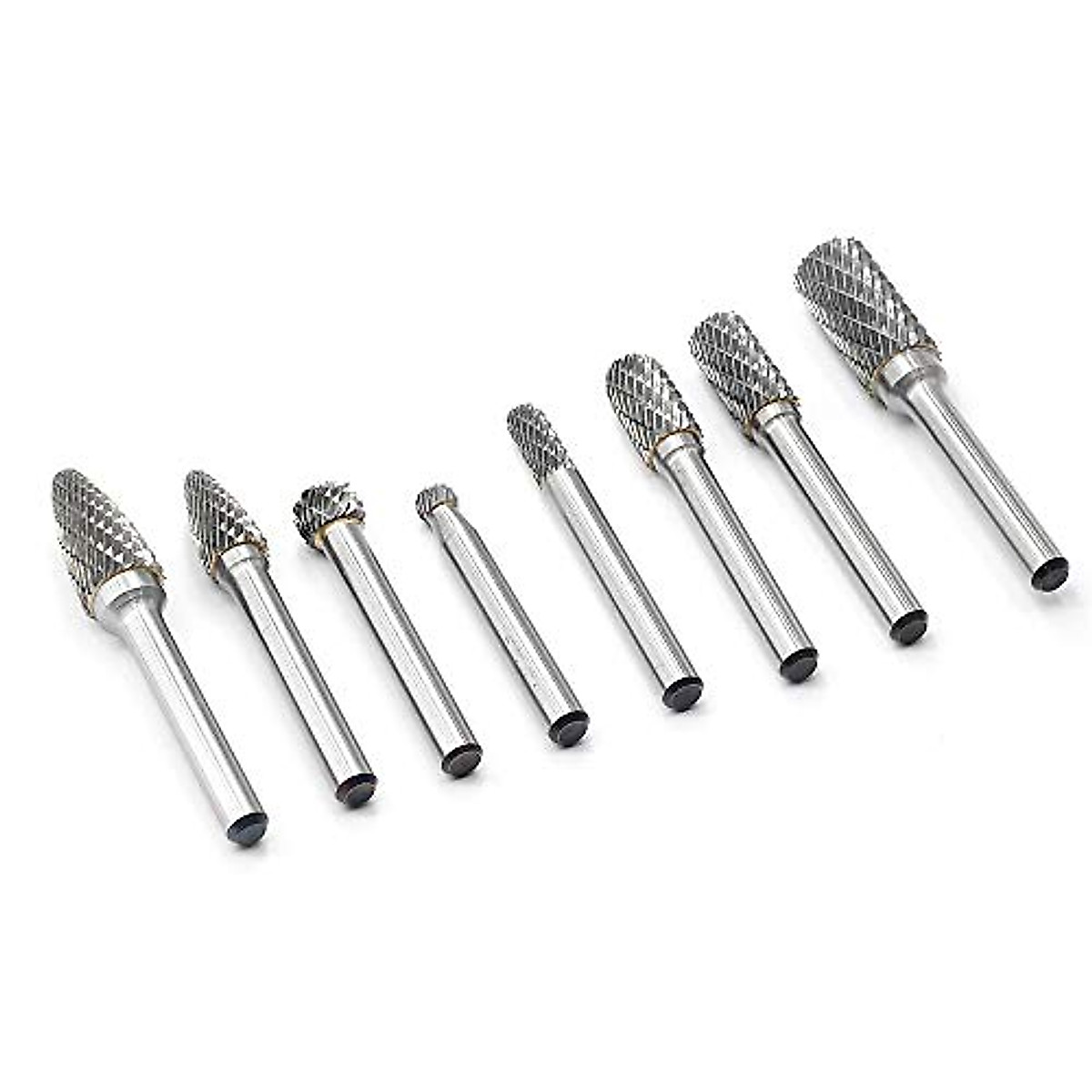YUFUTOL Carbide Burr Set with 1/4''(6.35mm) Shank 8pcs Double Cut Solid Carbide Rotary Burr Set for Die Grinder Drill, Metal Wood Carving, Engraving,Polishing,Drilling