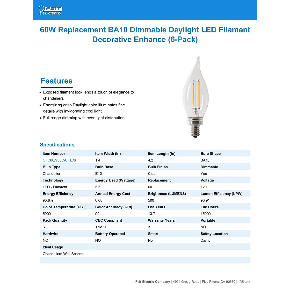 Feit Electric 60W Equivalent Candelabra LED Light Bulb, Dimmable, E12 Base, 2700K Soft White, B10 Filament Torpedo Tip Decorative Lighting Bulbs, 13-Year Lifetime, CTC60/927CA/FIL/6, 6-Pack