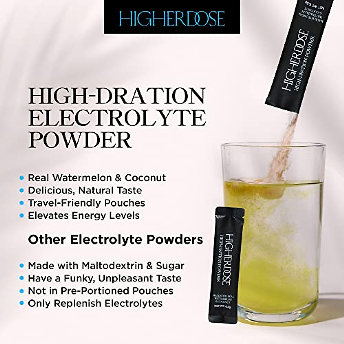 HigherDOSE HIGH-DRATION Electrolytes Powder No Sugar Added – Energizing Paleo & Keto Friendly Post Workout Recovery Drink Hydrate Packets Made With Real Watermelon & Coconut – 15 Servings