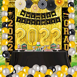 2022 Graduation Decorations kit -black and gold Graduation Party Decorations Supplies,Congrats Grad Banners,Balloons, Porch Sign,Foil Curtains,Huge 2022 School Graduation Party Set,48 Pcs