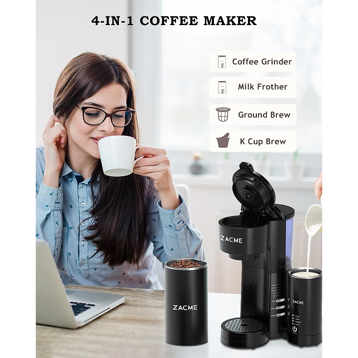 ZACME 4IN1 Single Serve Coffee Maker for K Cup &Ground, Small Coffee Machine with Milk Frother & Grinder, 5 Brew Size, 28oz Water Tank, Adjustable Drip Tray