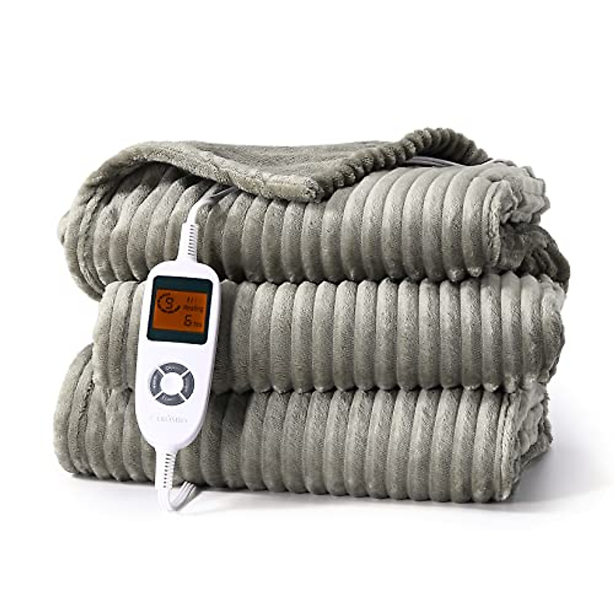 CAROMIO Heated Blanket Electric Throw - Fast Heating Throw Blanket 10 Heating Levels & 1-10H Auto Off Striped Flannel Electric Heated Blanket Throw for Home Office Use, 50x60 Inch, Khaki