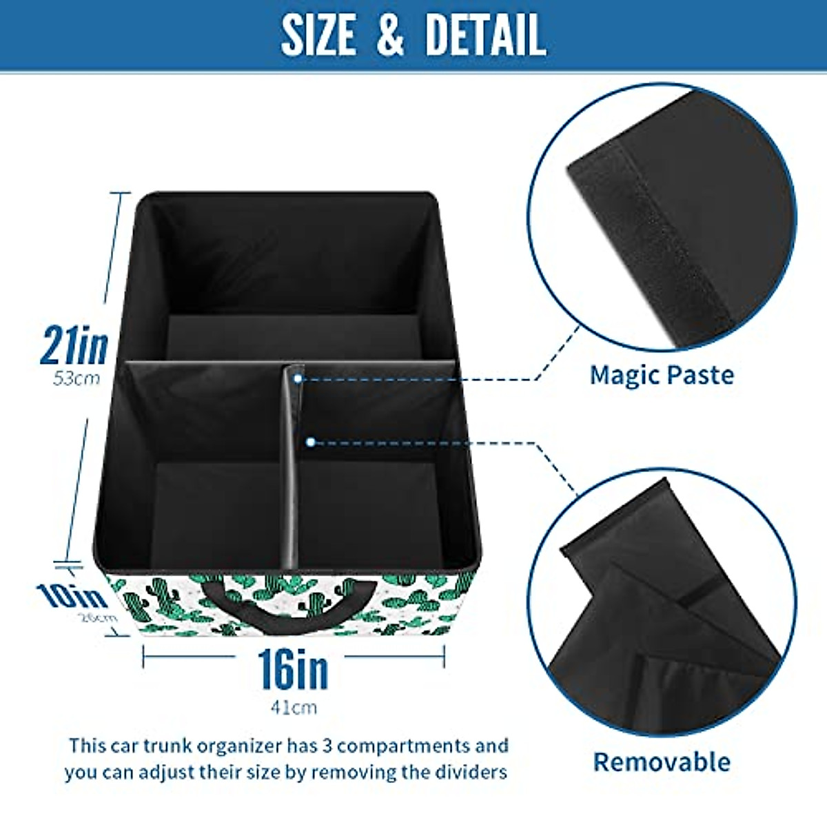 Cactus Summer Tropical Print Car Trunk Organizer,Collapsible Cargo Storage Tote Bag,Non Slip,3 Divider Compartments, Automotive Interior Accessories for Auto SUV Truck Vehicle Picnic Camping