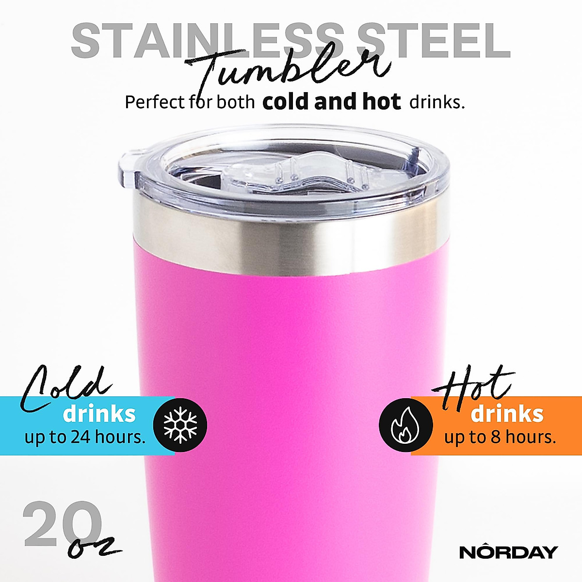 NORDAY | 20oz Pink Vacuum Insulated Travel Cup With Lid - Stainless Steel Double Wall Coffee Tumbler - Keeps Temperature up to 24hr - Anti Spill Lids