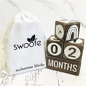 SWOOFE Baby Milestone Age Blocks for Boy or Girl - Non Toxic Natural Rustic Walnut Pine Wood - Milestone Blocks Set - Weekly Monthly First Year Picture Newborn Photography Prop, Perfect Shower Gift