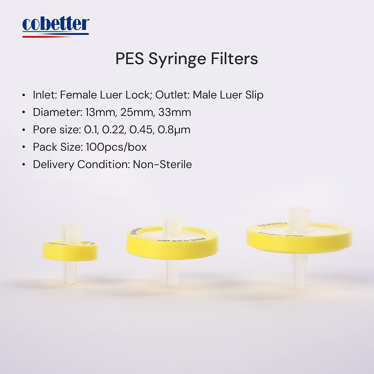 COBETTER 100 Pack PES Syringe Filter Lab Filters 0.22μm Pore Size 13mm Diameter Hydrophilic Filtration Non-sterile Yellow