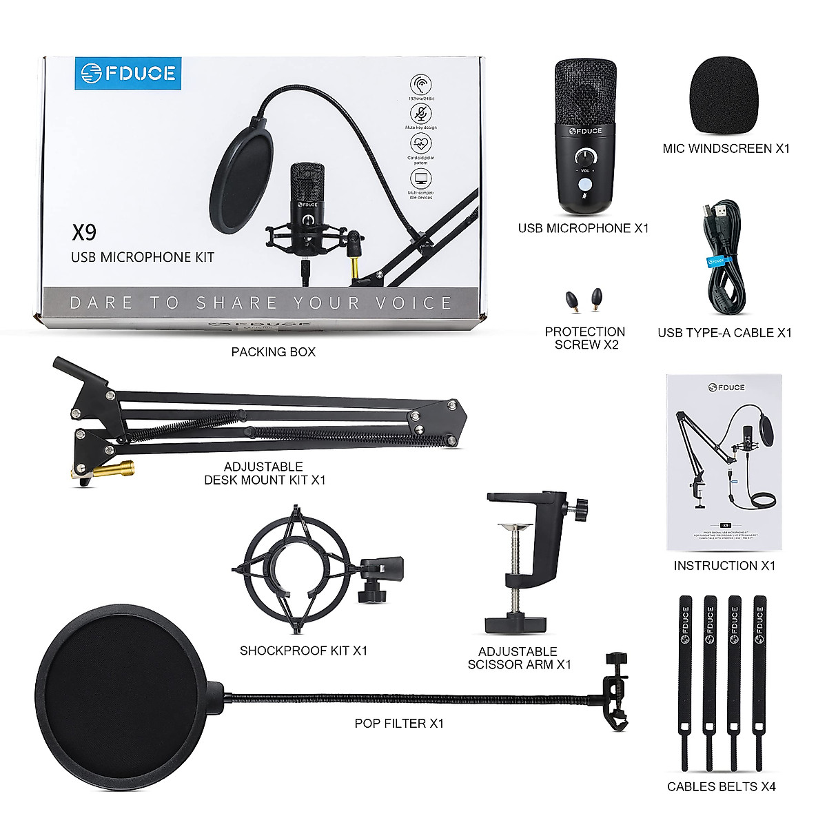 FDUCE USB Streaming Microphone Kit, Professional 192Khz/24bit Studio Mic with Arm Stand Advanced Chipset, PcMicrophone for Singing, Gaming, Podcast, Zoom, Online-Teaching, YouTube, X9