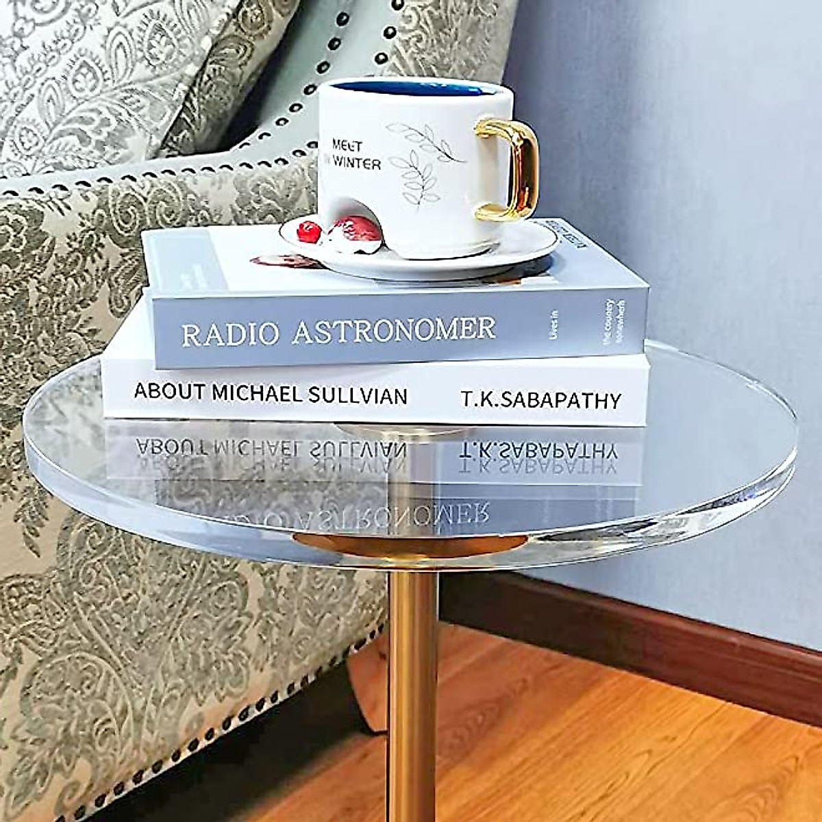 TPZLRN Acrylic End Table, Acrylic Side Table,Clear Round Side Table with Brass-Colored Metal Support Rod for Office Living Room Bedroom, Easy Assembly