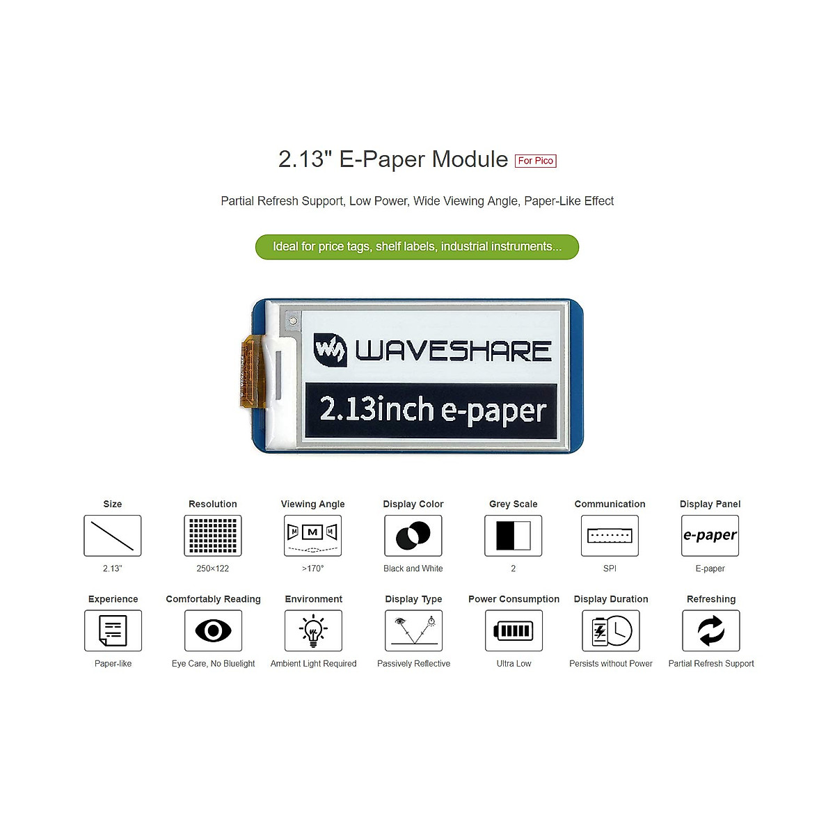 waveshare 2.13inch E-Ink Display HAT 250×122 Pixels Black White Two Color E-Paper Module epaper Screen for Raspberry Pi Pico Microcontroller Board,Support Partial Refresh