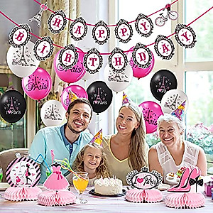 Paris Party Decorations Set, Pink Paris Happy Birthday Banner I Love Paris Honeycombs Centerpieces Eiffel Tower Balloons Decor for Paris Birthday Party Girl Party Baby Shower Supplies