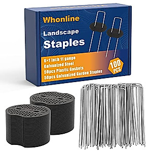 Whonline 100pcs 6 Inch Landscape Staples Set, 50pcs Galvanized Garden Staples and 50pcs Gasket, 11 Gauge Heavy Duty Fabric Staples for Securing Lawn Fabric, Weed Barrier