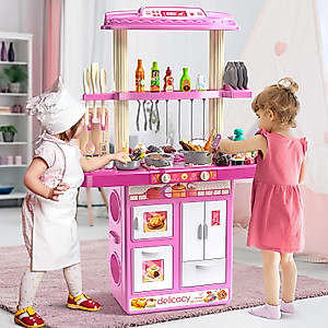 TEMI 2-in-1 Kitchen & Grill Playset for Kids - With 60-Piece Accessories, Sounds & Lights | Pretend Play Kitchen Set for 3+ Year Old Girls & Boys