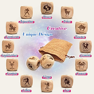 Hometu Creative 30MM Wooden Constellation Dice Set, Laser Engraved 6-Sided Wood Big Zodiac Dices for Constellation Divination Accessory (2Pcs/Set(1Pair), V1)