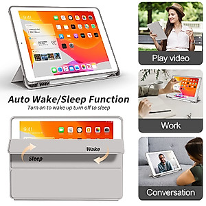 Aoub Case for iPad 9th/8th/7th Generation 10.2 inch, Auto Sleep/Wake Slim Lightweight Trifold Stand Smart Cover, Soft TPU Back Case with Pencil Holder for iPad 10.2 2021/2020/2019, Grey