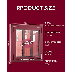 Matte Liquid Lipstick Set-3Pcs High Pigmented Lip Stain Tint,Matte Velvet Lip Gloss,Up to 16H Wear Lipgloss,Long Lasting Waterproof Non-Stick Cup Tinted Lip Blam Lipstain,Makeup Gift for Women-Set B