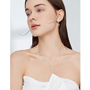 Luxury Cubic Zirconia Aurtrian Crystal Pearl Floral Necklace Dangle Earrings Wedding Bridal Jewelry Set Birthday Gifts for Her (Clear-Silver Plated)