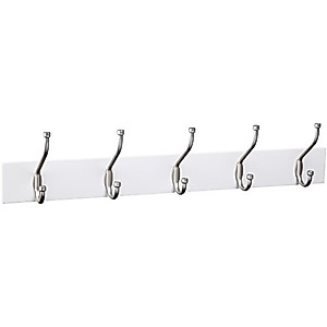 Amazon Basics Rectangular Wall-Mounted Farmhouse Coat Rack, 5 Hooks, White