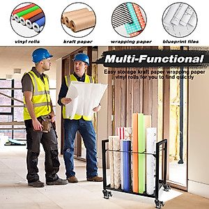 GRANDBUY Vinyl Roll Holder Blueprint Storage Rack Metal Blueprint Storage Cart with Wheels 12 Slots Roll File Holder for Home Office School to Storage kraft paper wrapping paper vinyl rolls